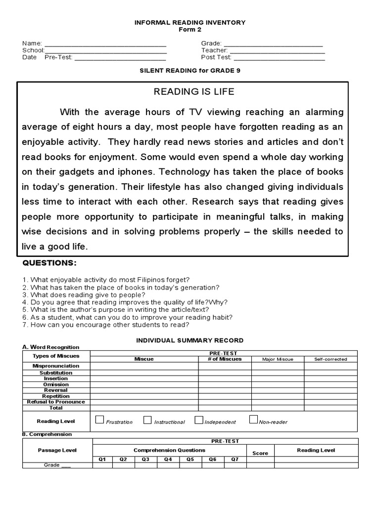 Questions:: Informal Reading Inventory Form 2 | PDF | Reading ...