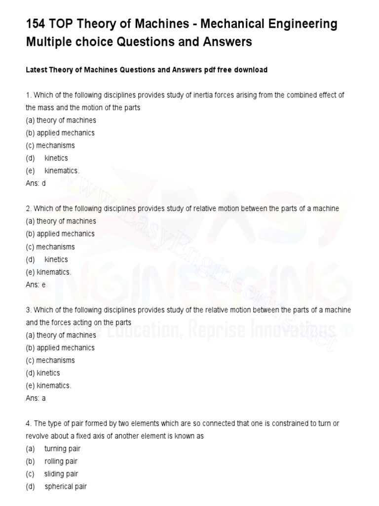 154 TOP Theory of Machines - Mechanical Engineering Multiple Choice ...