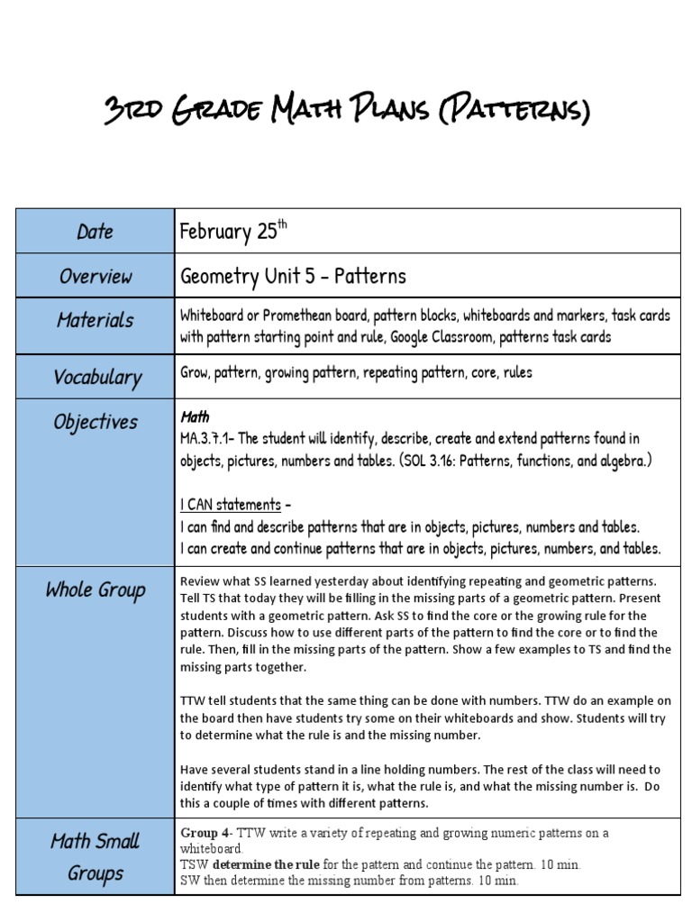 3rd Grade Math Plans (Patterns) : Date Materials Vocabulary Objectives ...