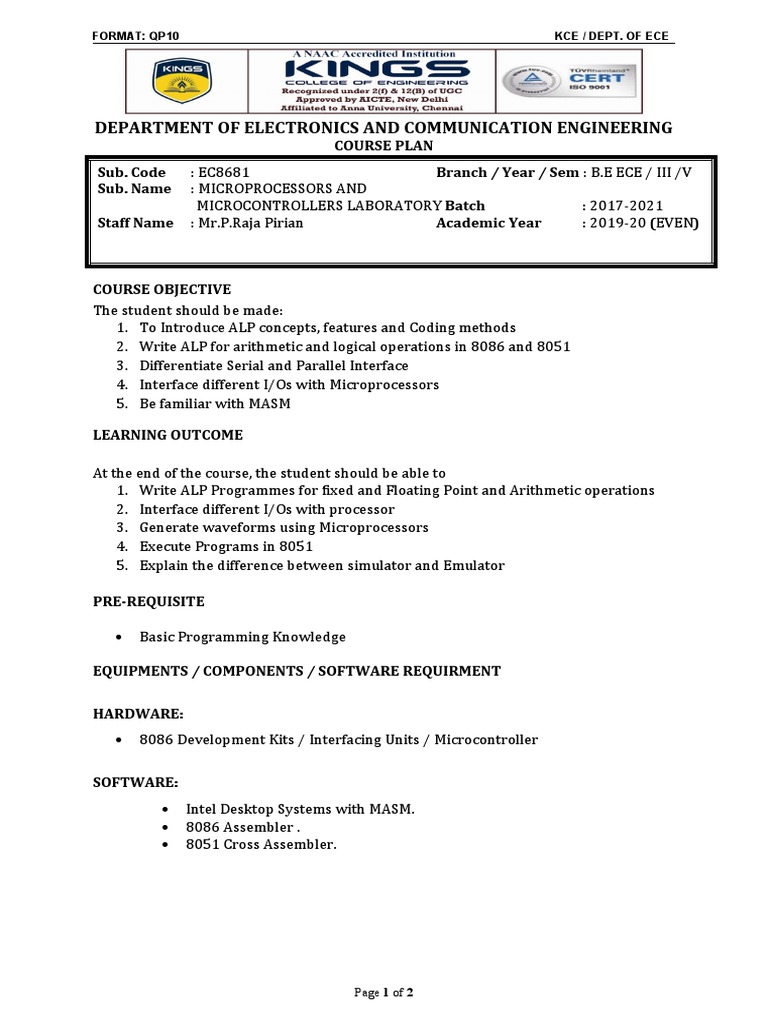 Microprocessors Lab Course Plan | PDF | Microcontroller | Microprocessor