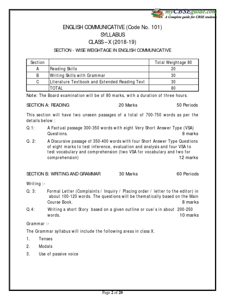 Class 10 English Communicative Syllabus | PDF | Reading Comprehension ...