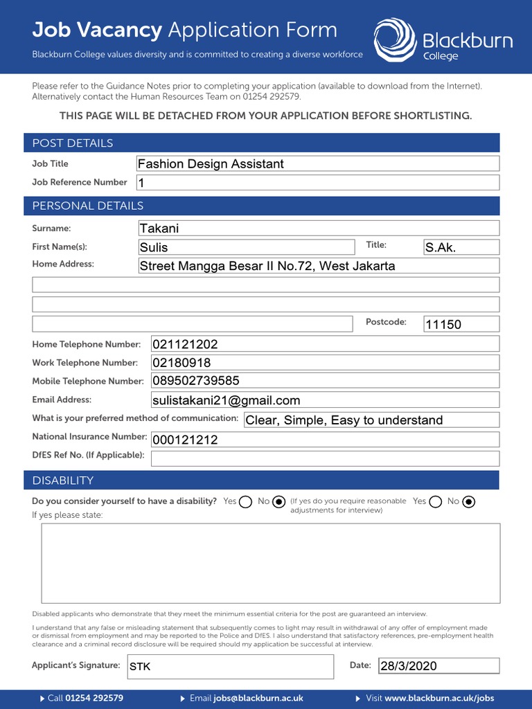 Job Vacancy Application Form: Fashion Design Assistant 1 Takani Sulis S ...