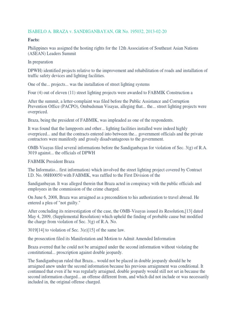 ISABELO A. BRAZA v. SANDIGANBAYAN | Download Free PDF | Double Jeopardy ...