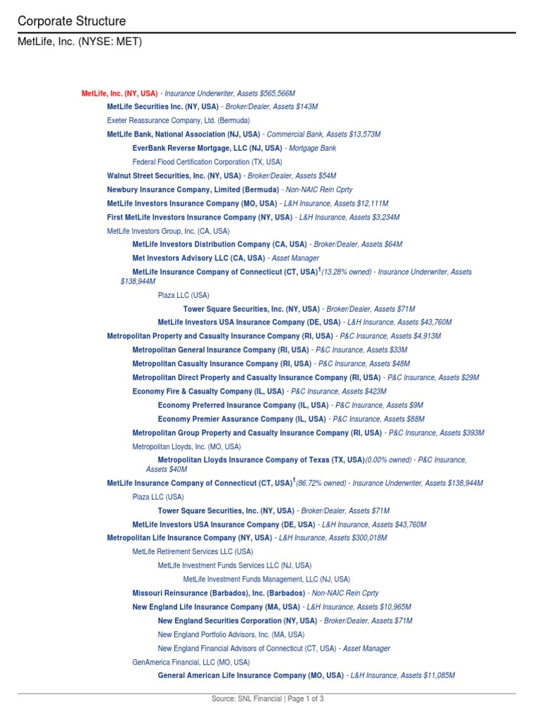 Corporate Structure: Metlife, Inc. (Nyse: Met) | PDF | Met Life | Insurance