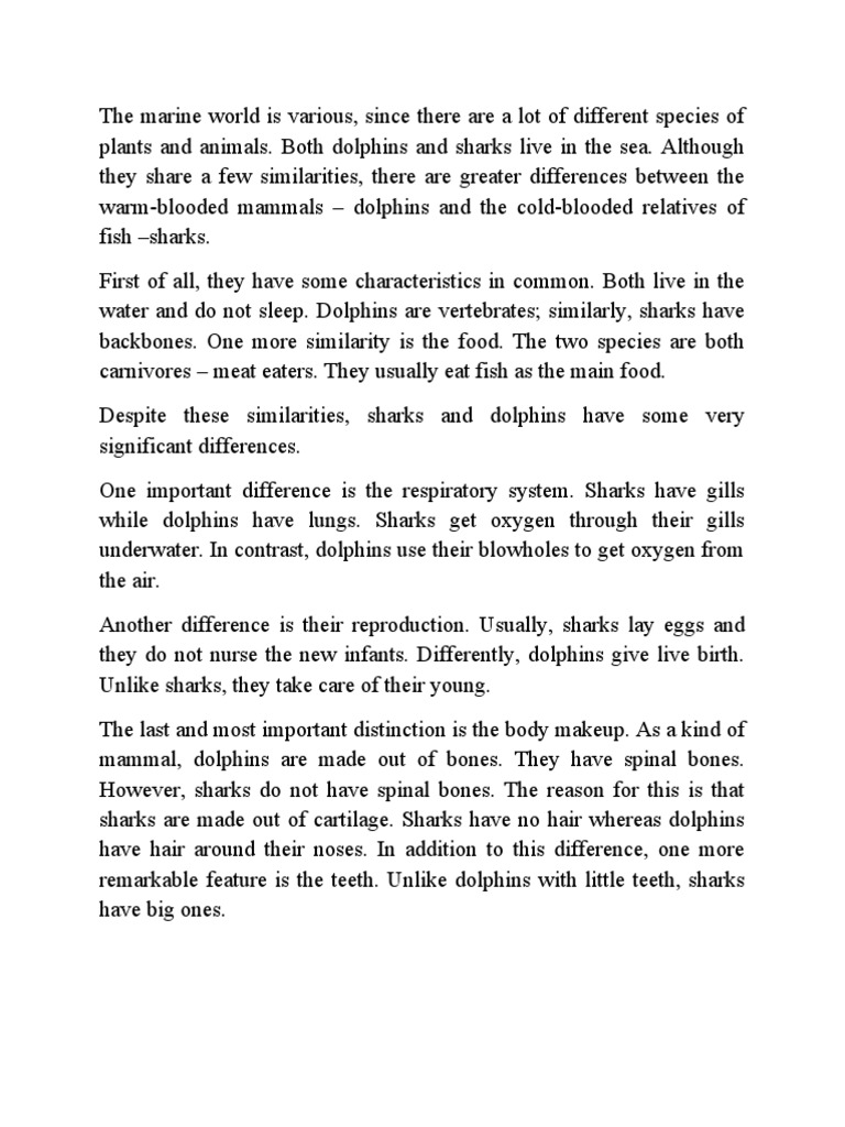 Comparison and Contrast - Sharks and Dolphins | PDF