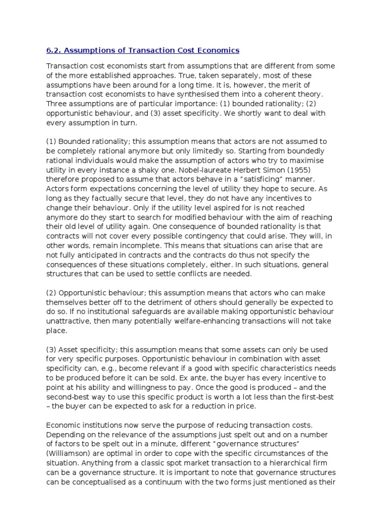 Key Assumptions of Transaction Cost Economics | PDF | Mergers And ...