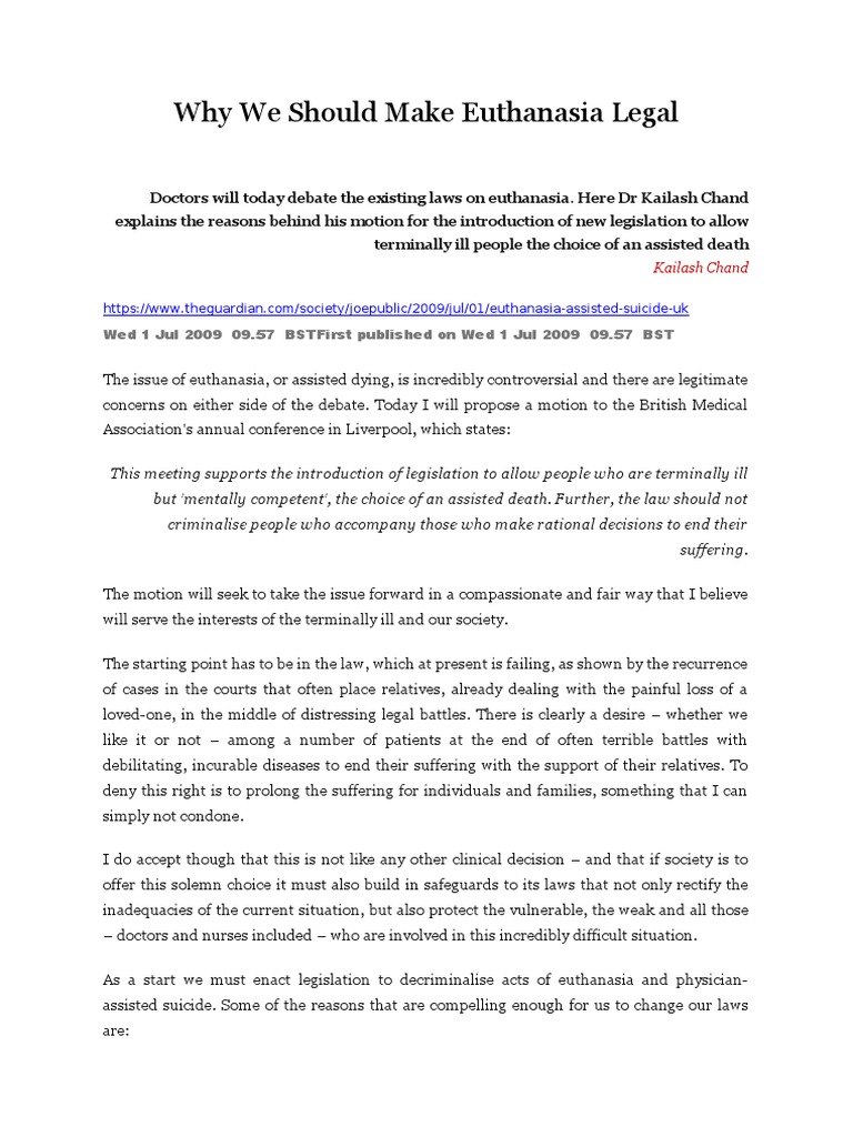 Why We Should Make Euthanasia Legal | PDF | Terminal Illness | Ethical ...