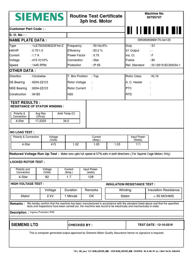 Routine Test Certificate 3ph Ind. Motor: Name Plate Data | PDF ...