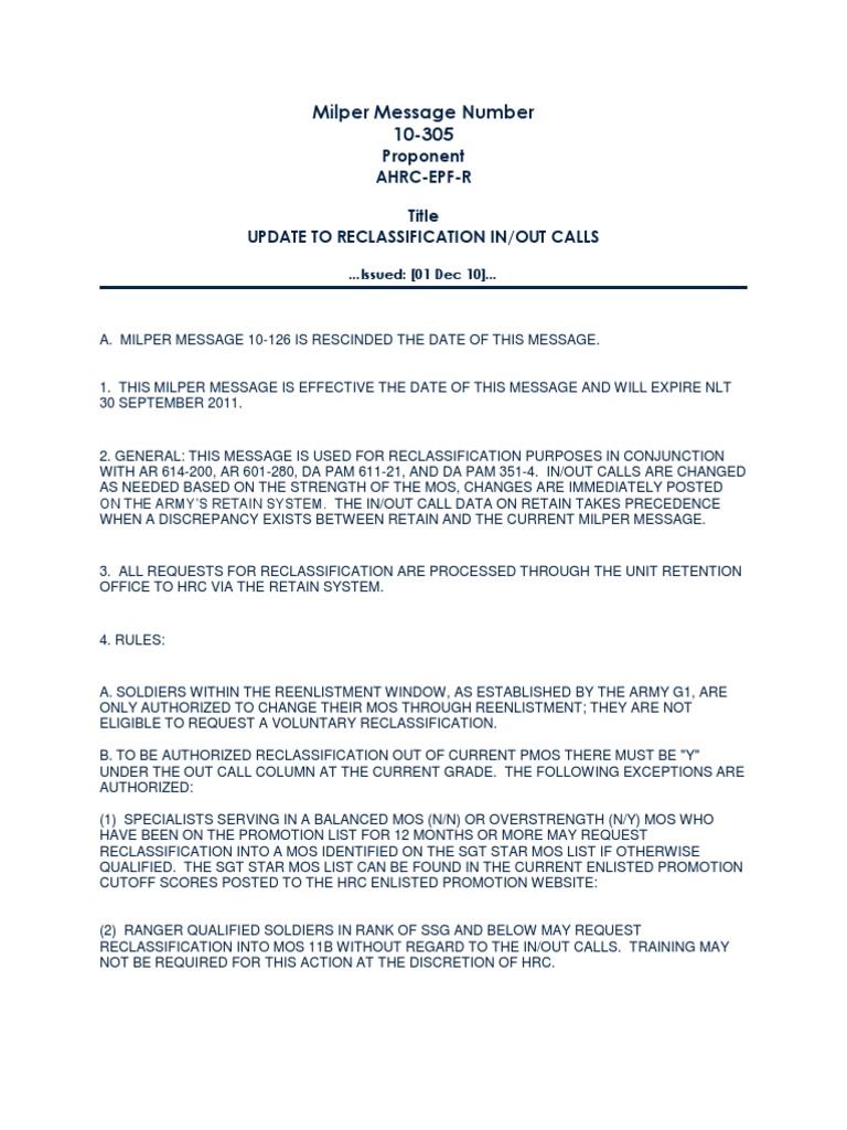 Current MOS in Out Call Message Milper Message 10-305 | PDF | Staff ...