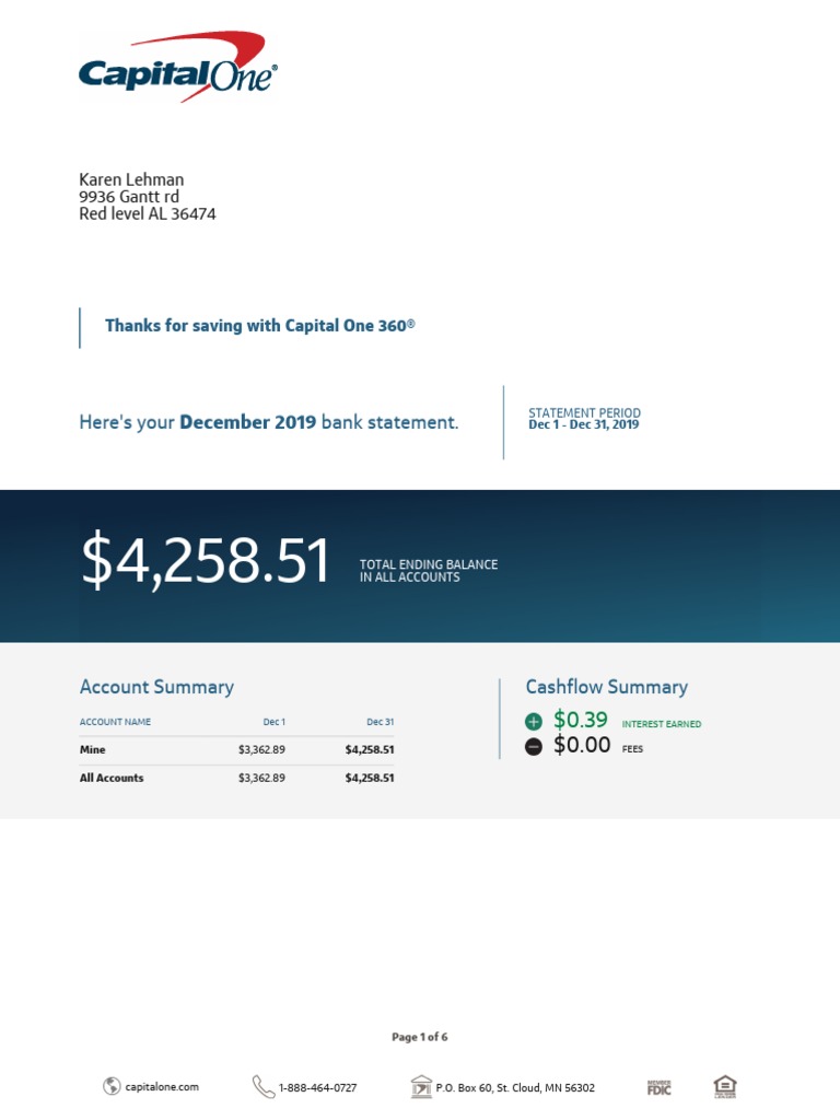 Here's Your December 2019 Bank Statement.: Karen Lehman 9936 Gantt RD ...