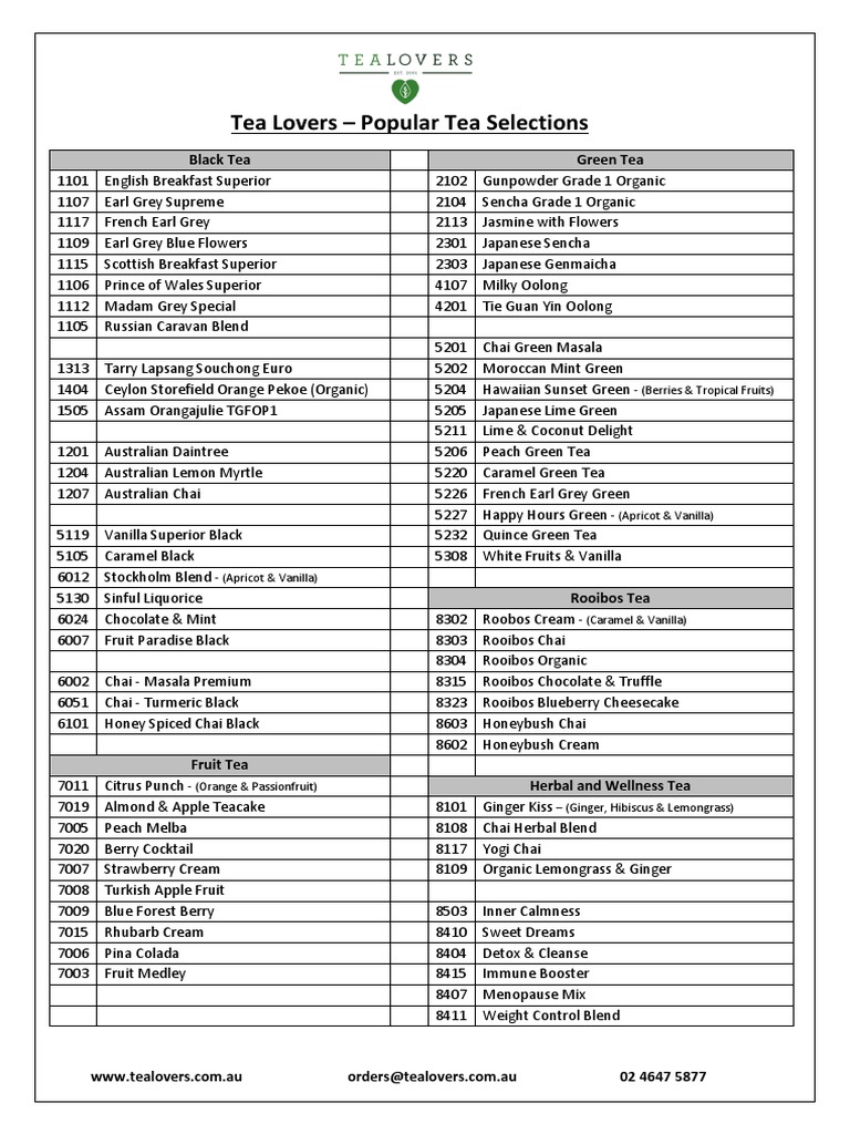 Tea Lovers Popular Tea List - PDF Digital - V2 PDF | PDF | Tea | Fruit