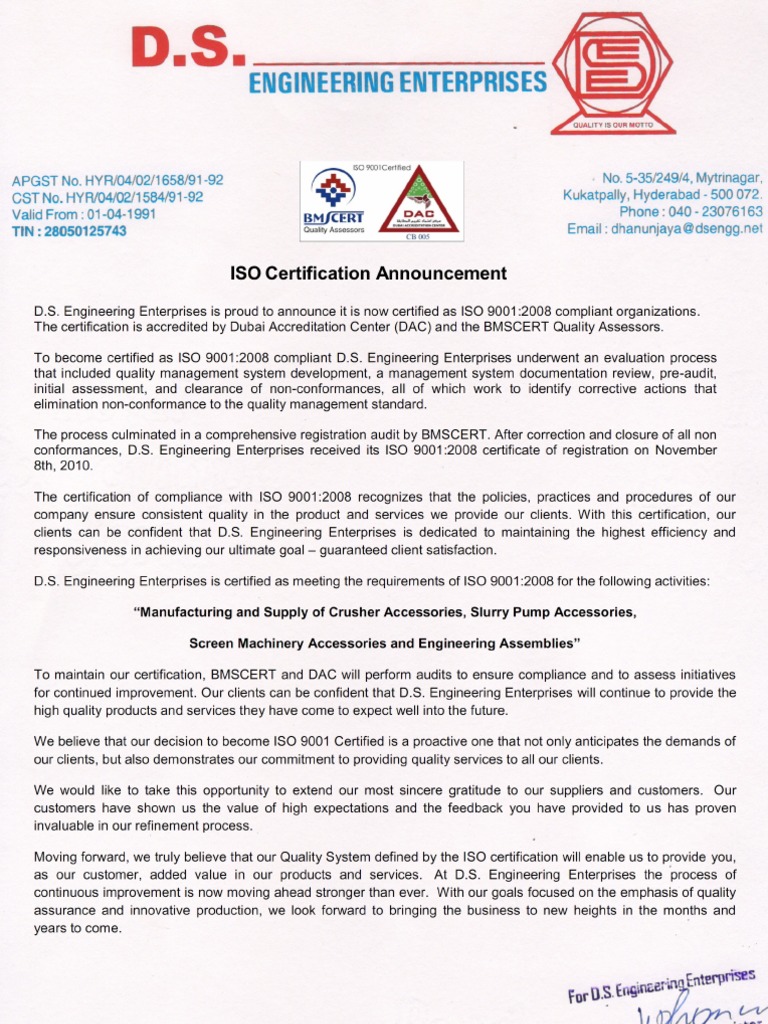 ISO Certification Announcement | PDF