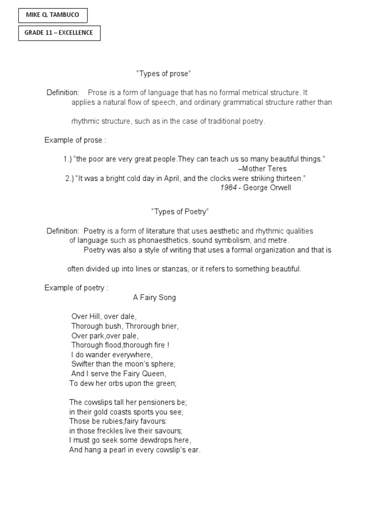 Types of Prose and Poetry Explained | PDF | Classics