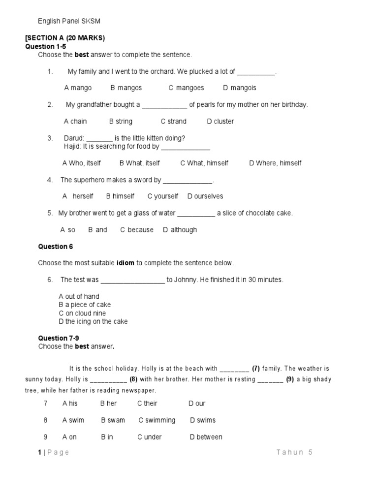 First Term Exam 2020 Y5 Paper 1 | PDF