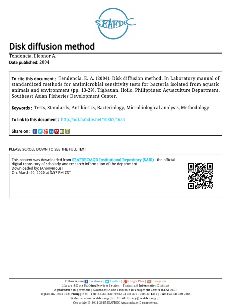 Disk Diffusion Method: Date Published | PDF | Growth Medium | Microbiology