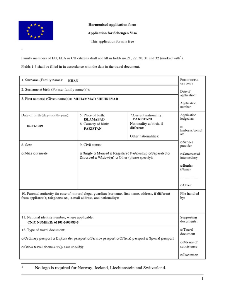 Harmonised Application Form Application For Schengen Visa | PDF | Travel Visa | Passport