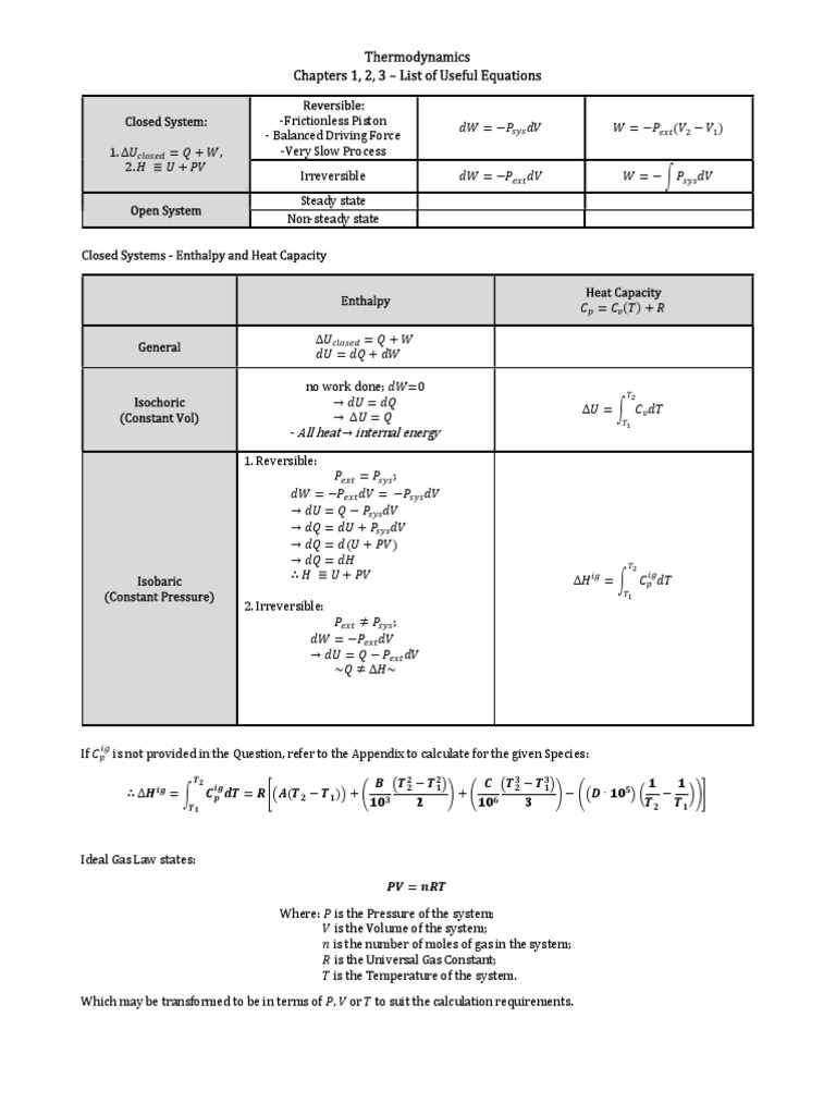 Thermodynamics Chapters 1, 2, 3 - List of Useful Equations | PDF ...