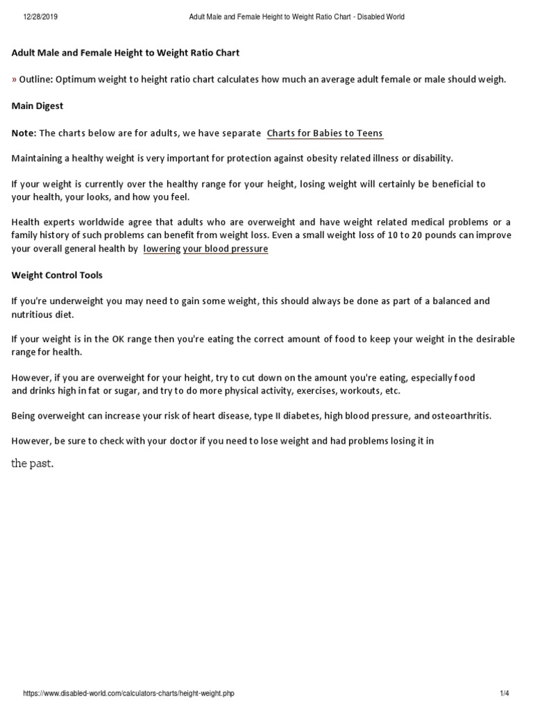 Adult Male and Female Height To Weight Ratio Chart PDF | PDF | Pound ...