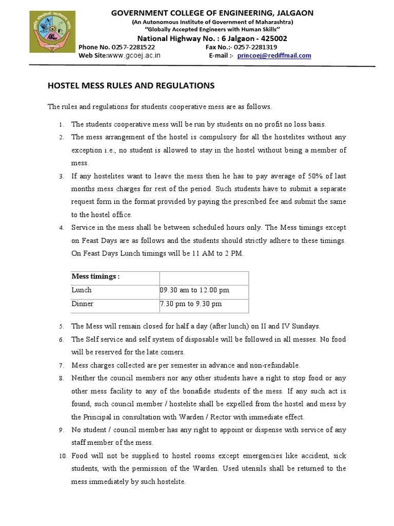 Hostel Mess Rules and Regulations: National Highway No.: 6 Jalgaon ...