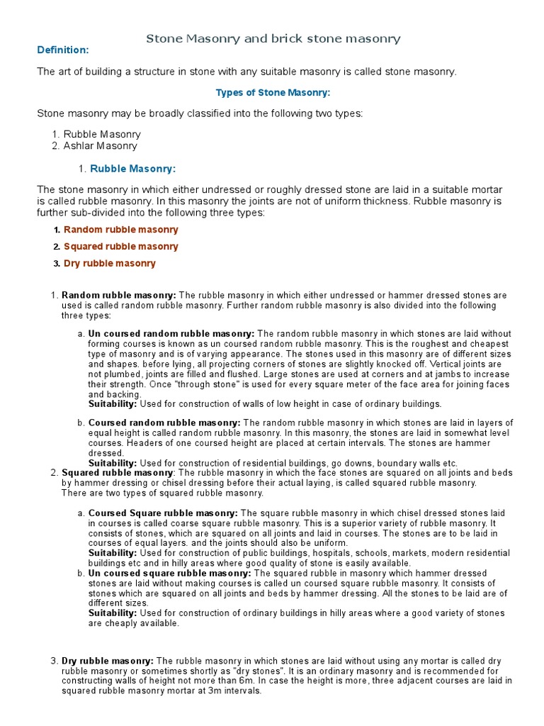 Stone Masonry, Stone Mortars - Stone Work Types of Masonry Ashlar ...