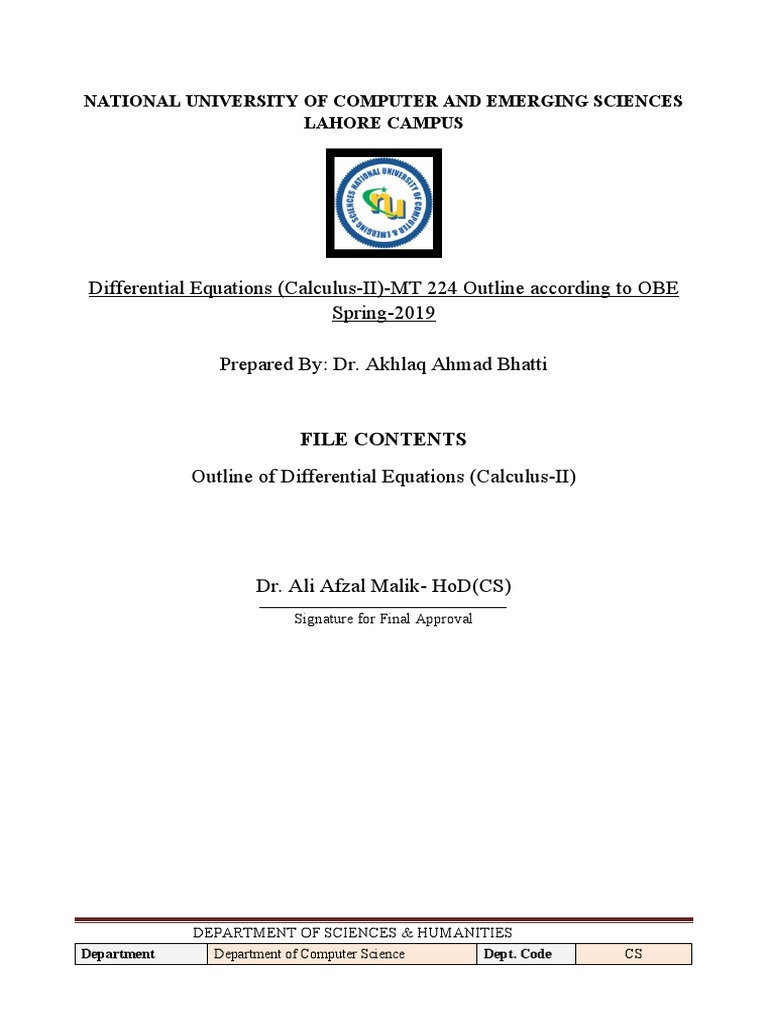 Diff. Eq. (Cal-II) - CS Outline-OBE (Format) - Spring-19 | PDF ...