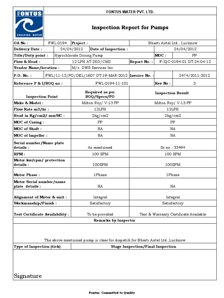 Inspection Report - Pumps (Bharti Airtel) | PDF | Turbomachinery ...