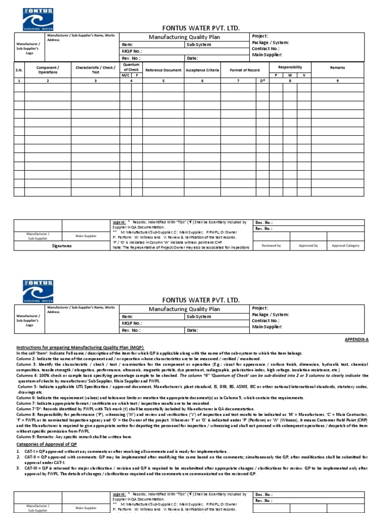 Manufacturing Quality Plan Template | PDF | Engineering