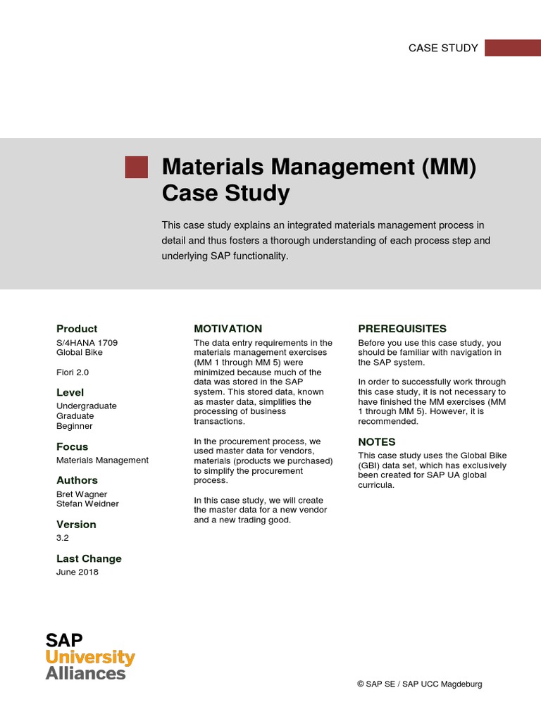 Materials Management (MM) Case Study: Product Motivation Prerequisites ...