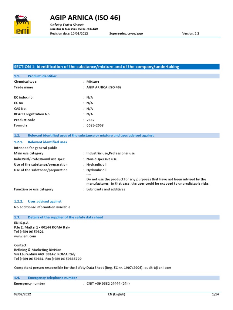 Agip Arnica (Iso 46) - 2532 - 2.2 - en | PDF | Toxicity | Firefighting