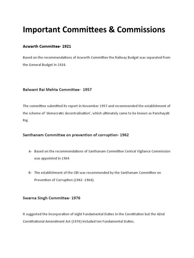 Important Committees & Commissions: Acwarth Committee-1921 | PDF ...