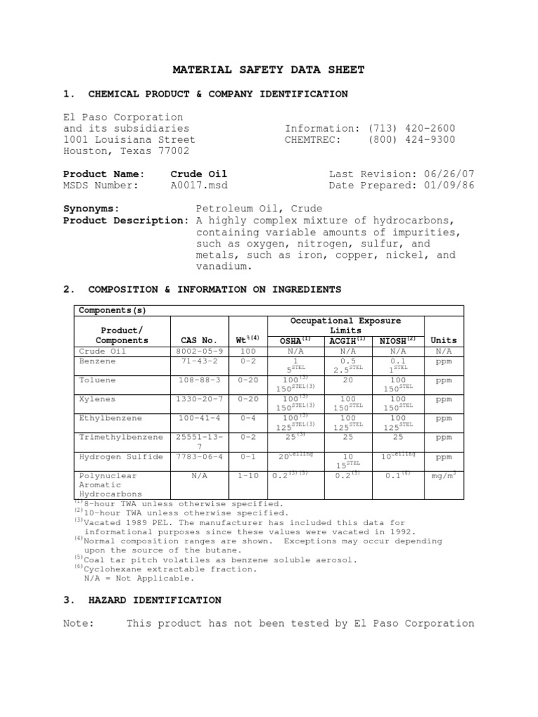 MSDS - Crude Oil | Benzene | Fires