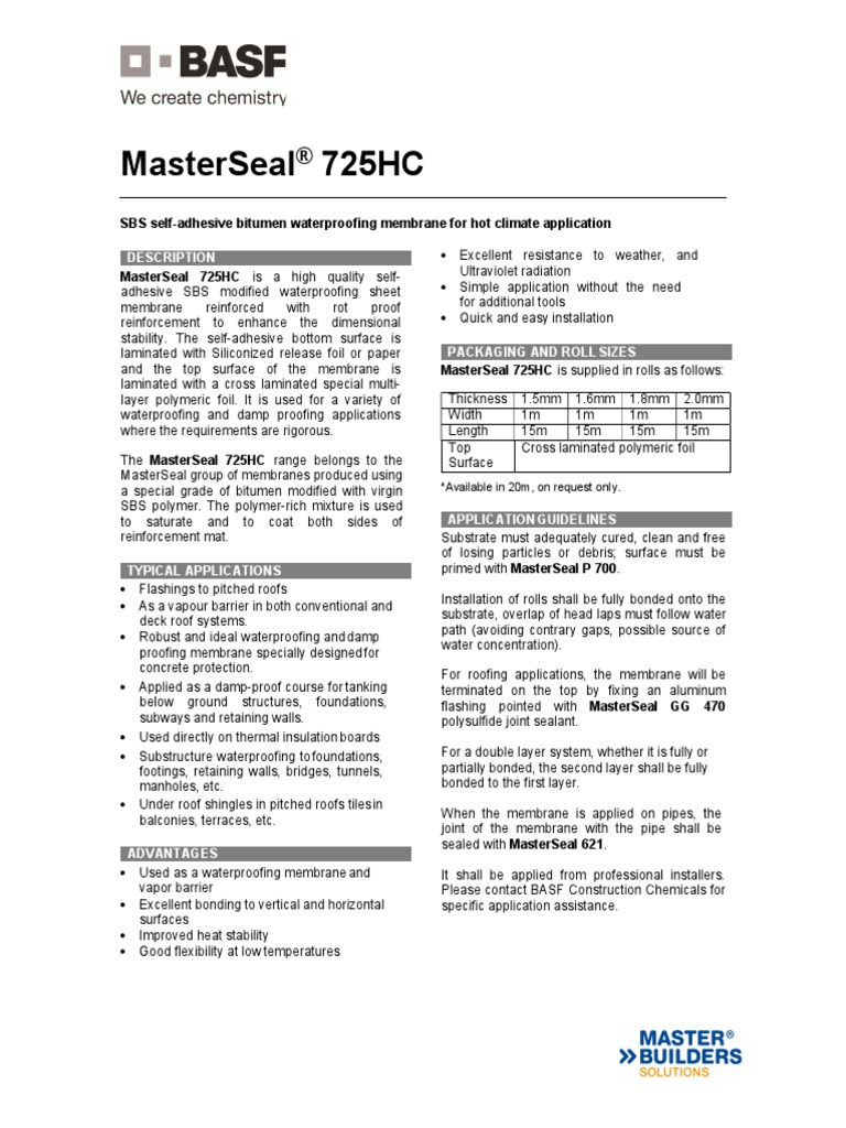 Basf Masterseal 725hc Tds | PDF | Roof | Chemistry