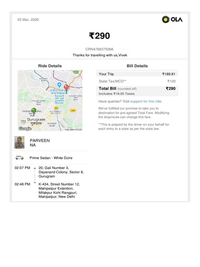 Ride Details and Tax Invoices for Customer Vivek's Trip from Gurugram ...