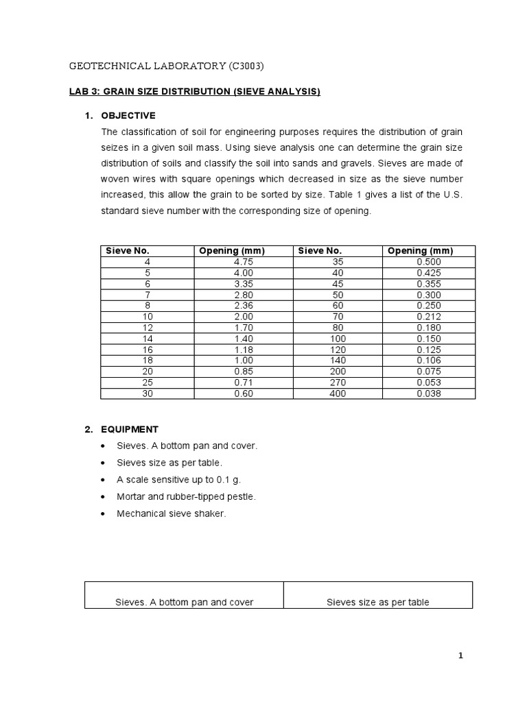Geotechnical Laboratory (C3003) : Lab 3: Grain Size Distribution (Sieve Analysis) 1. Objective | PDF