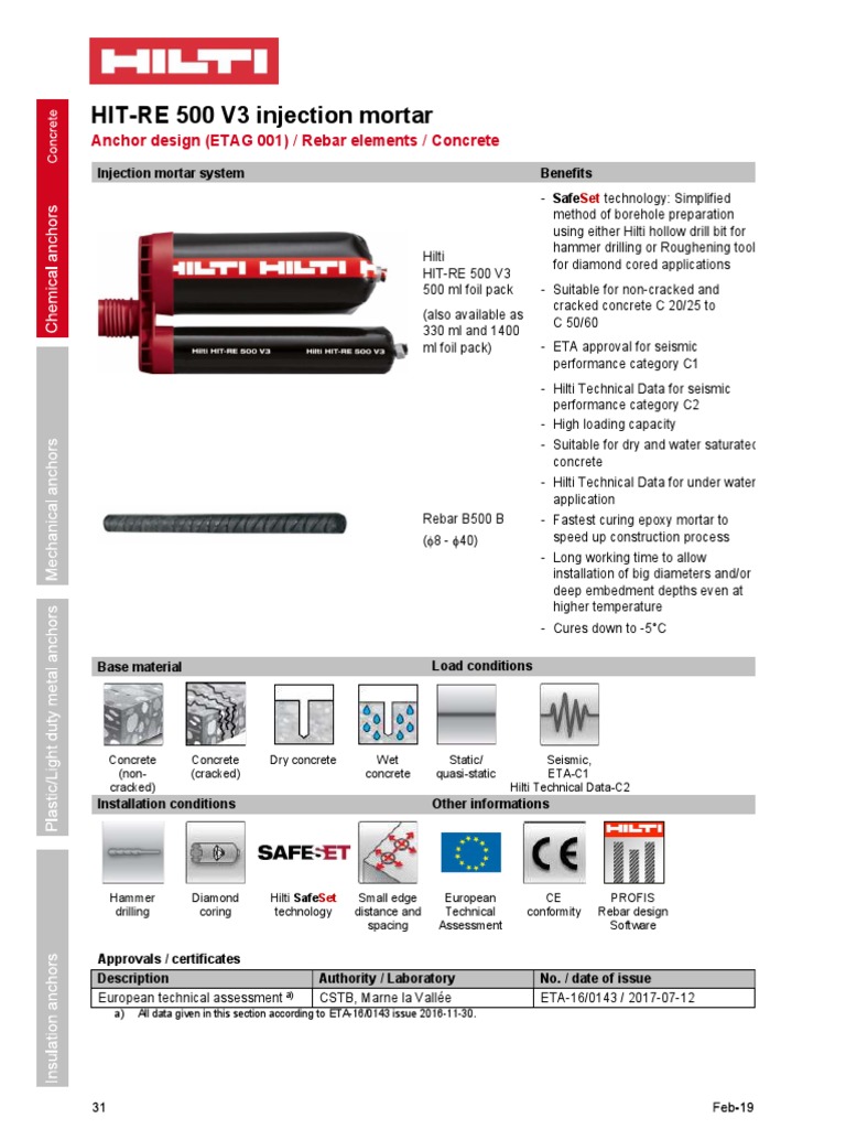 Hilti HIT-RE 500 V3 Technical Data | PDF | Drill | Concrete