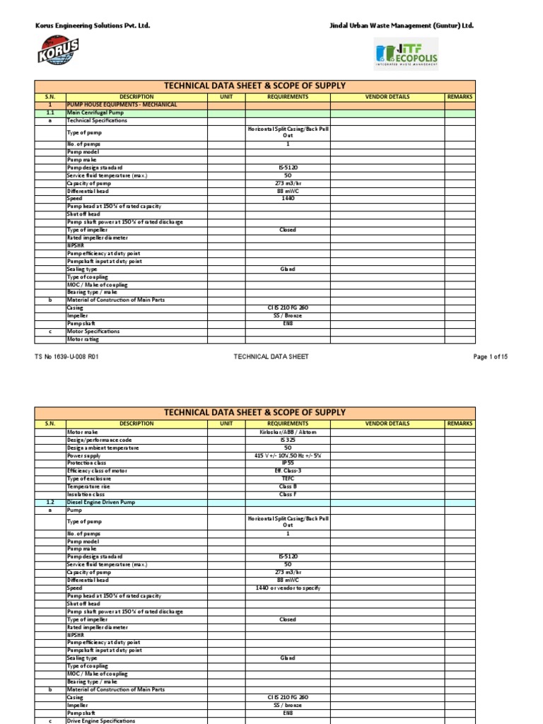 Technical Data Sheet for Pump House Equipment | PDF | Pump | Cylinder ...