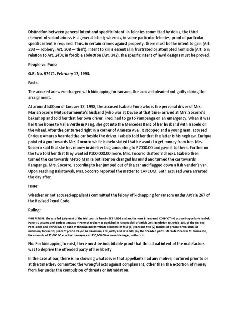 Distinction Between General Intent and Specific Intent. in Felonies ...