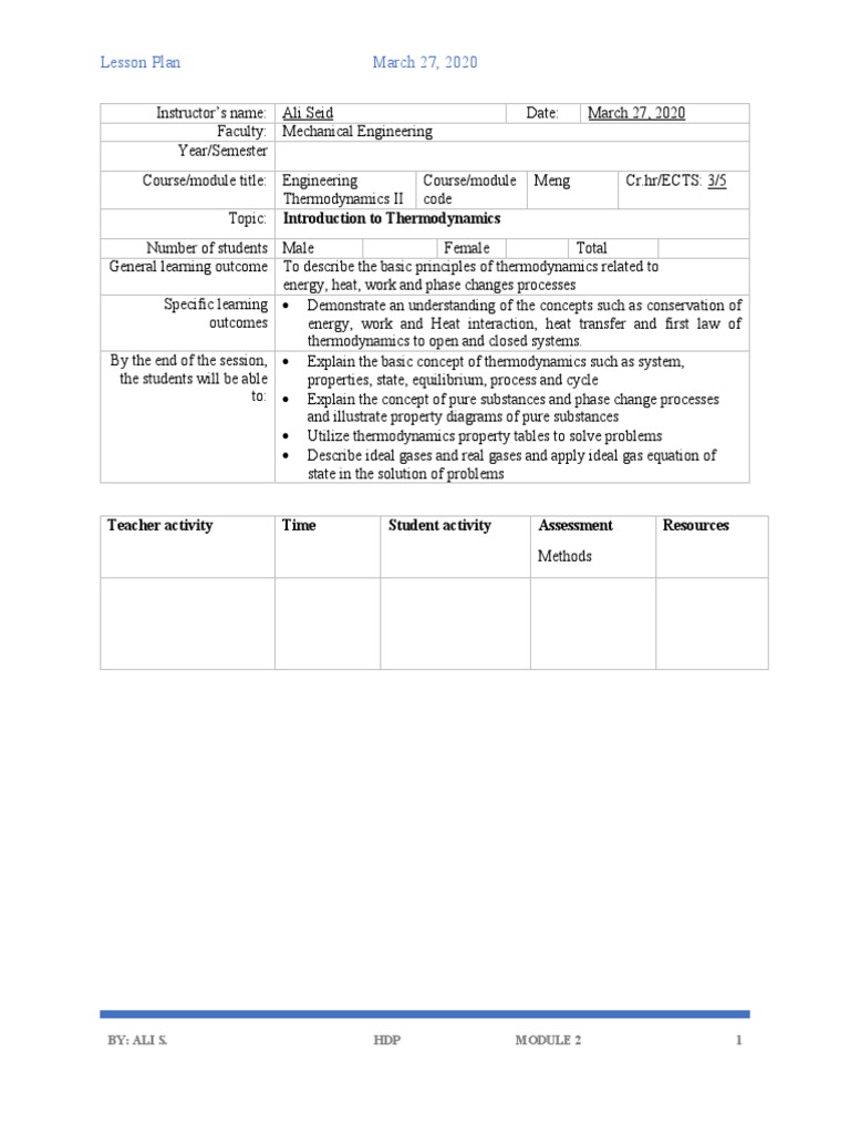 Lesson Plan THERMO I | PDF | Entropy | Heat