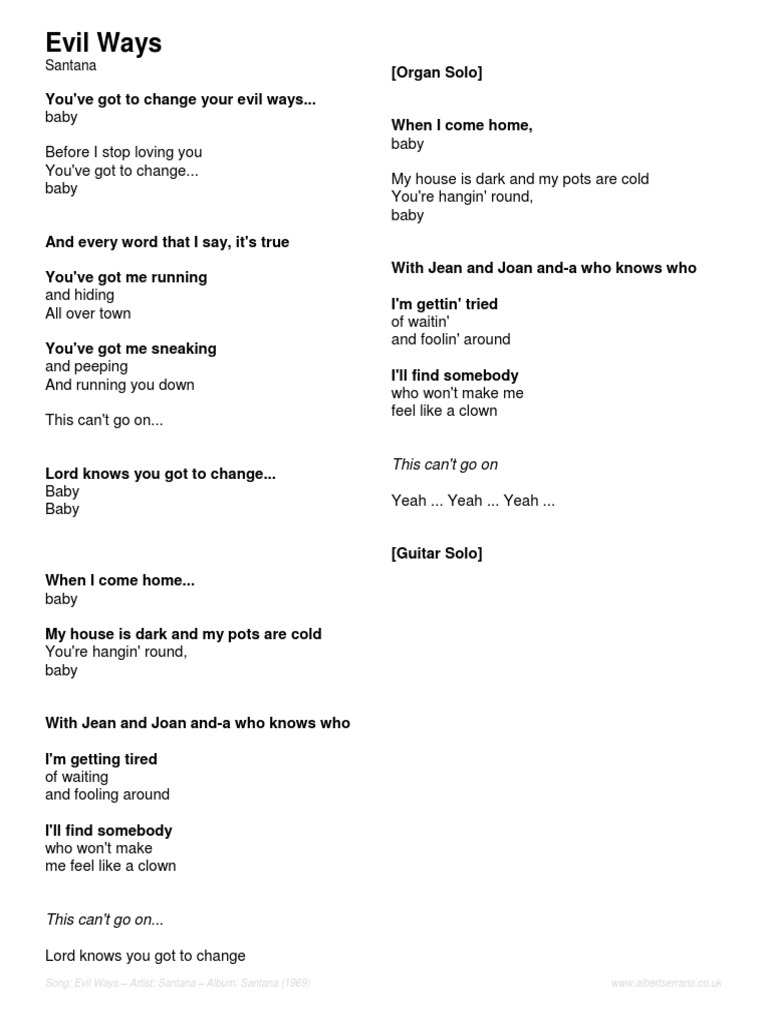 Santana's "Evil Ways" Lyrics Analysis | PDF