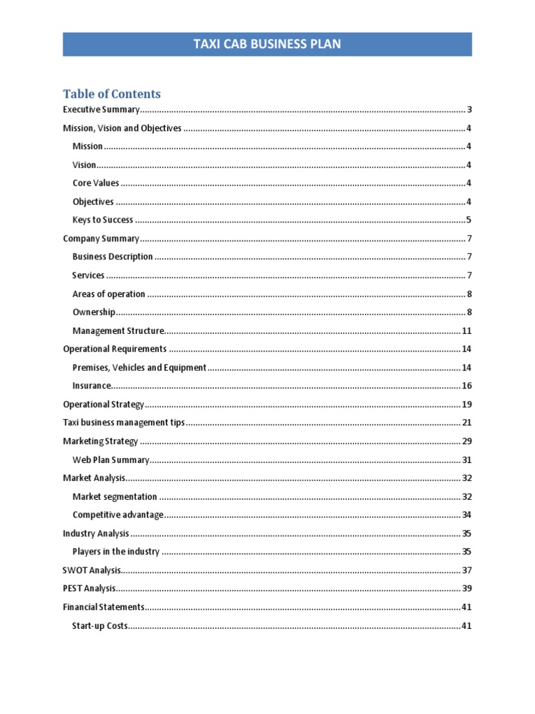 Contents Table Taxi Cab Business Plan PDF | PDF | Financial Statement ...