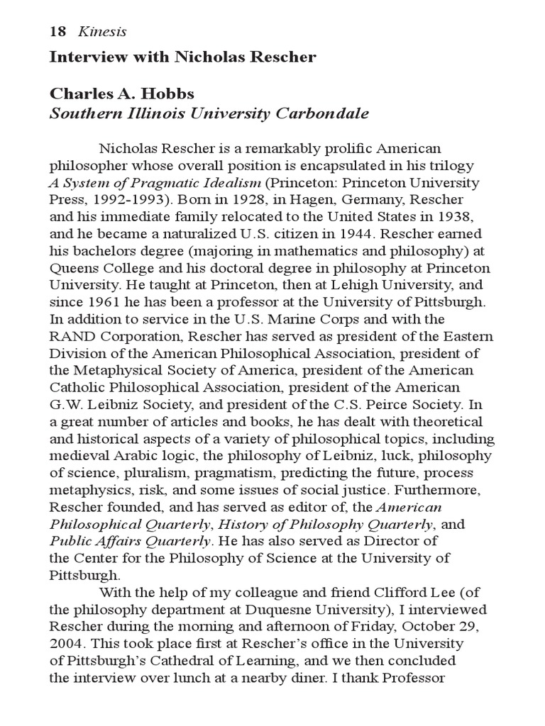 An Interview With Nicholas Rescher | PDF | Pragmatism | Epistemology