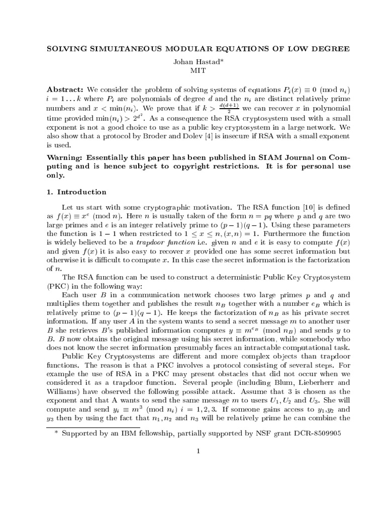 Solving Simultaneous Modular Equations of Low Degree Abstract | PDF ...