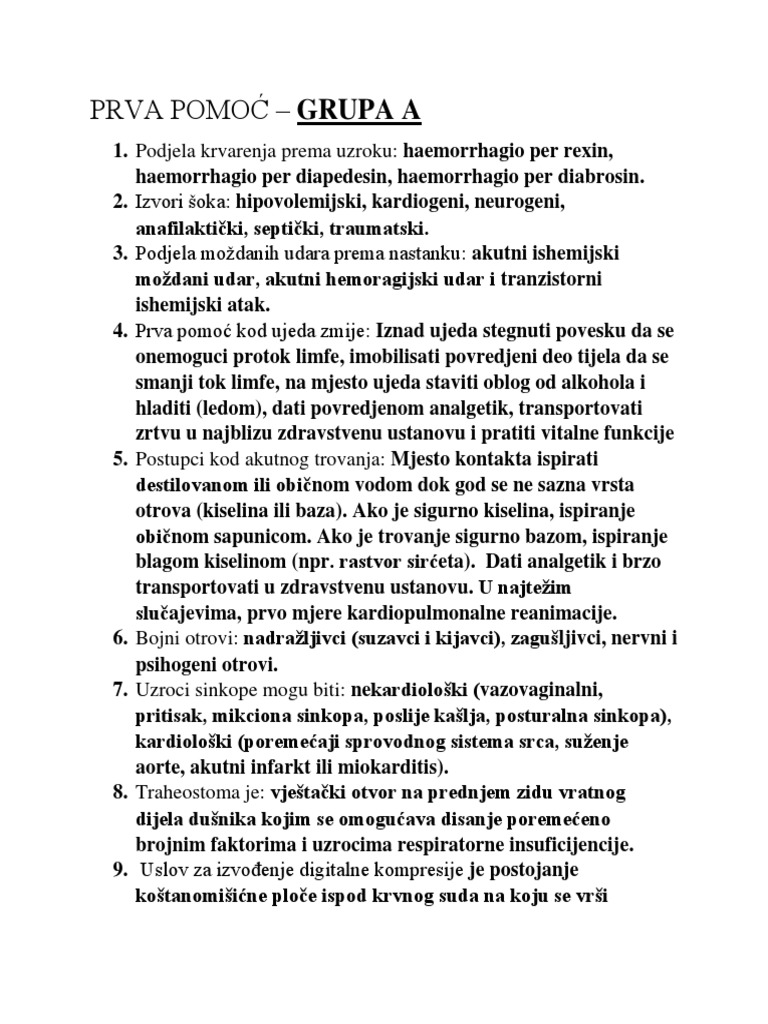 PRVA POMOĆ Grupa A | PDF
