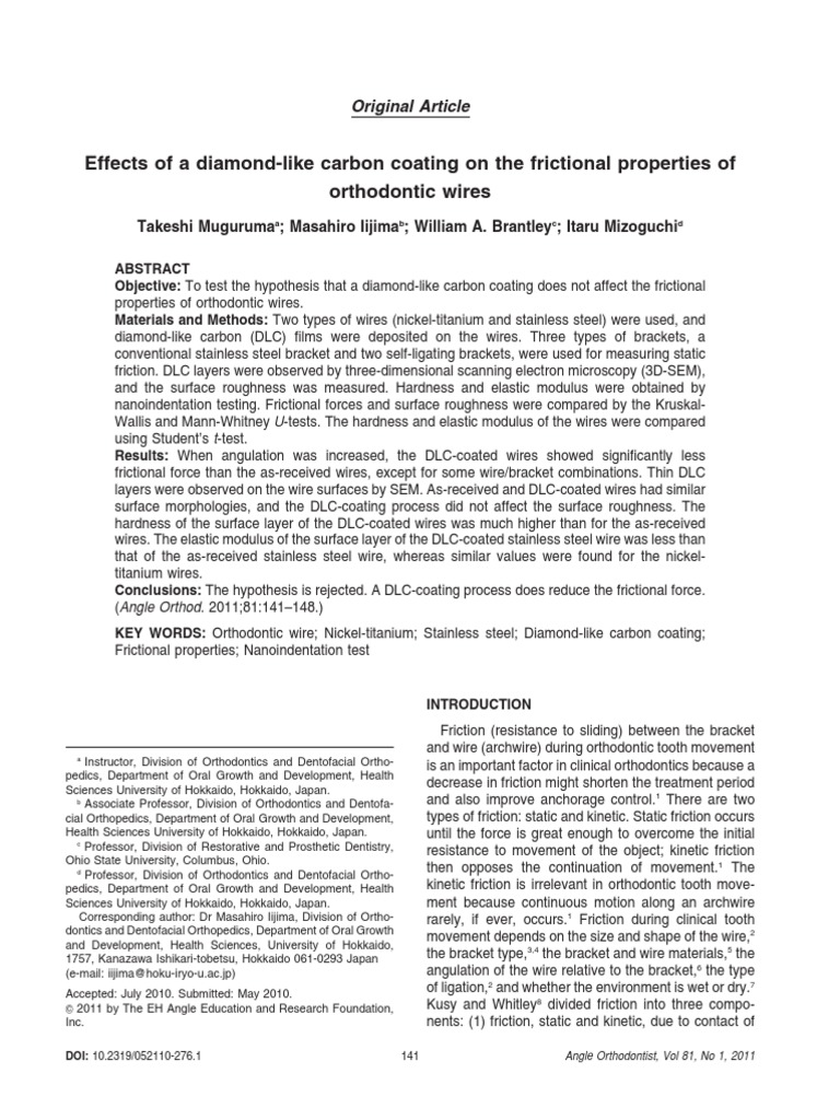 Effects Of A Diamond Like Carbon Coating On The Frictional Properties Of Orthodontic Wires Pdf