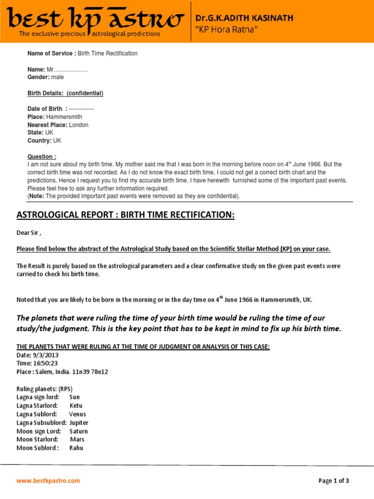 Astrological Report: Birth Time Rectification | PDF | Planets | Planets In Astrology