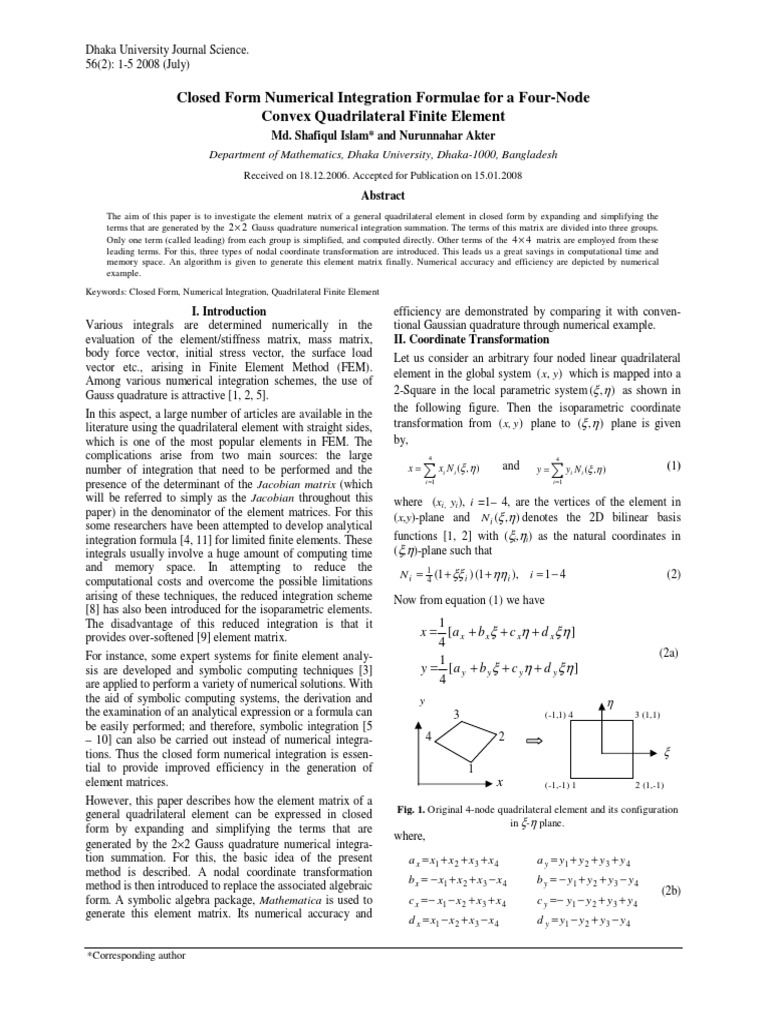 Closed Form Numerical Integration Formulae For A Four-Node Convex Quadrilateral Finite Element ...