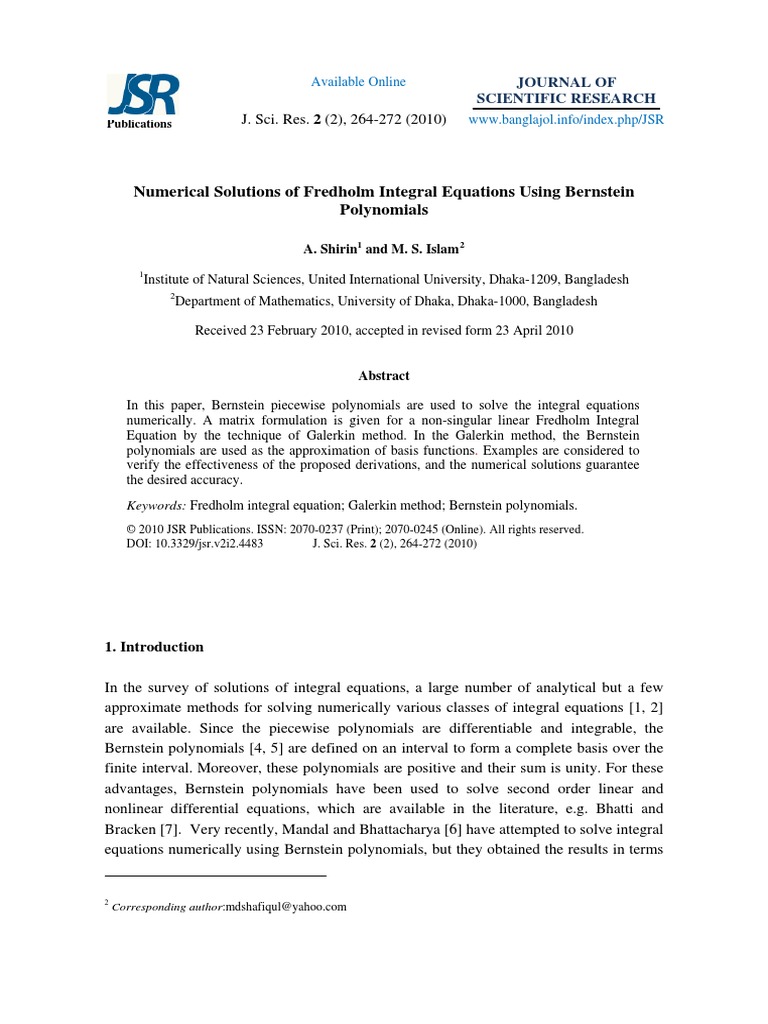 Numerical Solutions Of Fredholm Integral Equations Using Bernstein Polynomials Pdf Integral