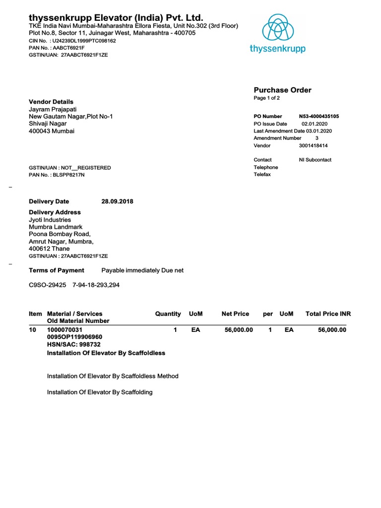 Thyssenkrupp Elevator India Purchase Order | PDF | Economies | Business