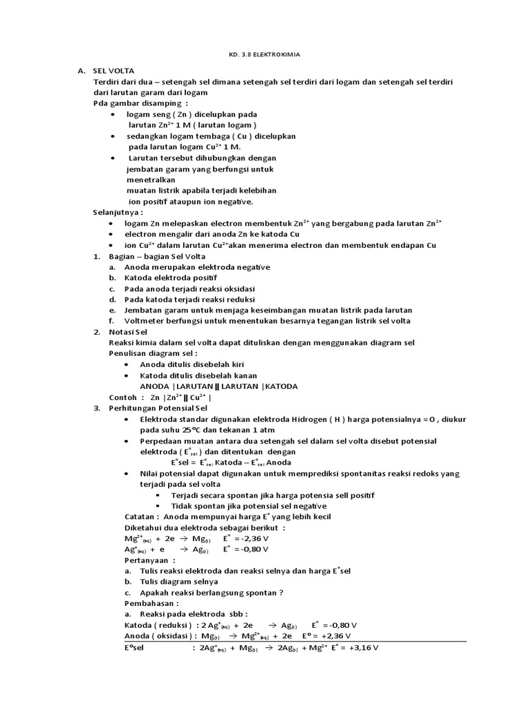 Materi 3.8 ELEKTROKIMIA (SEL VOLTA) | PDF