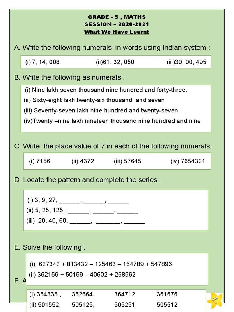 Grade - 5, Maths SESSION - 2020-2021 What We Have Learnt | PDF